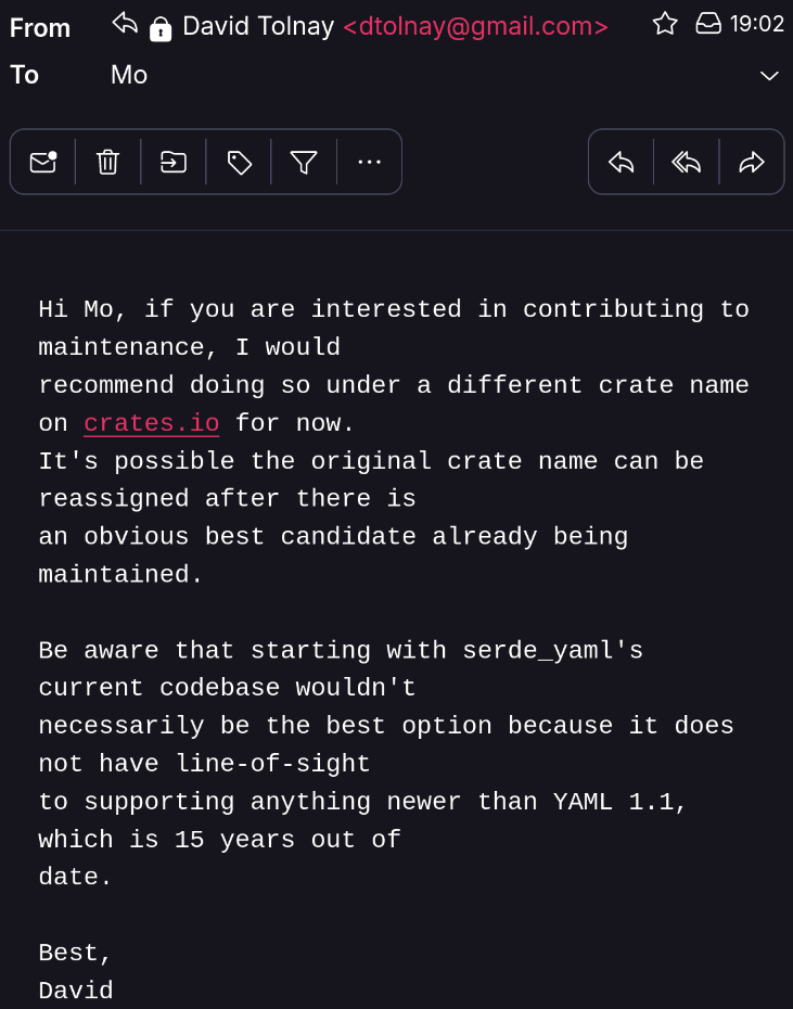 Mo Bitar :ferris:: "I got a reply from @dtolnay@rewrite.in.rs about t…" - Fosstodon